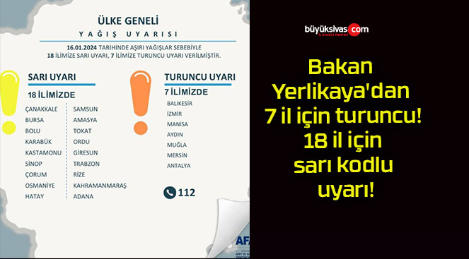 Bakan Yerlikaya'dan 7 il için turuncu! 18 il için sarı kodlu uyarı ... Bakan Yerlikaya'dan 7 il için turuncu! 18 il için sarı kodlu uyarı ...